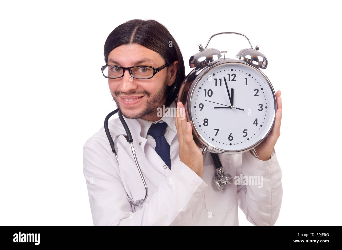 Man doctor with clock isolated on white Stock Photo - Alamy
