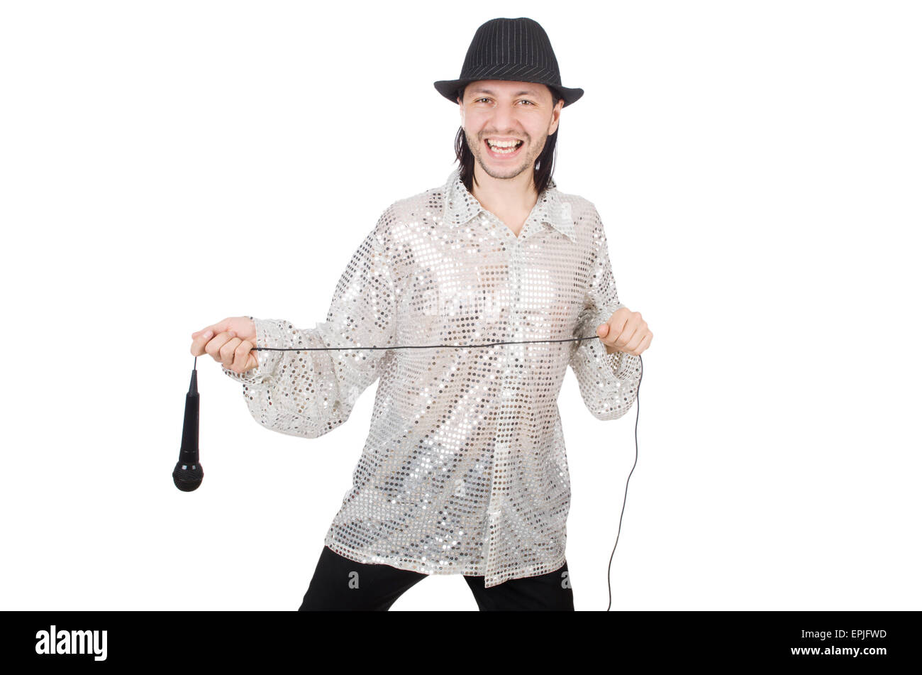 Man with mic isolated on white Stock Photo - Alamy
