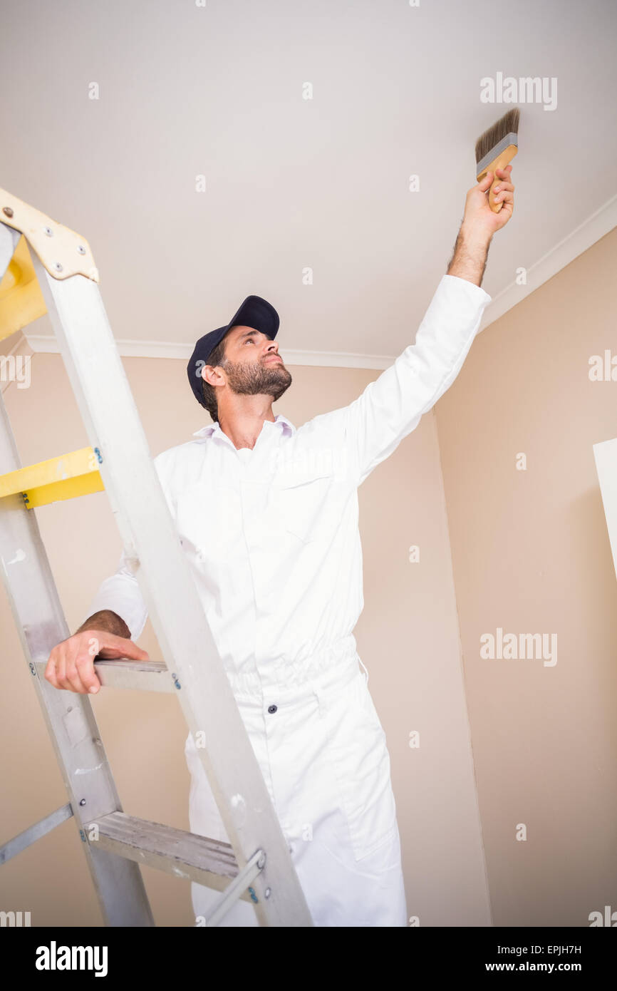 Painter standing on ladder painting roof Stock Photo - Alamy