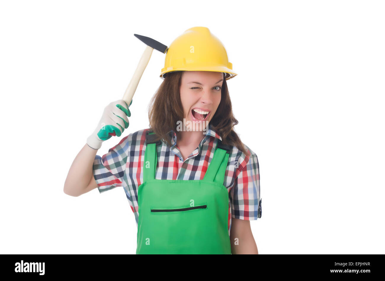 Young woman with hammer on white Stock Photo - Alamy