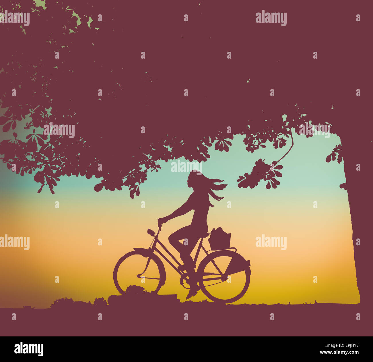 Retro Style Illustration Of A Girl Or Woman Riding A Bike Under A Tree ...