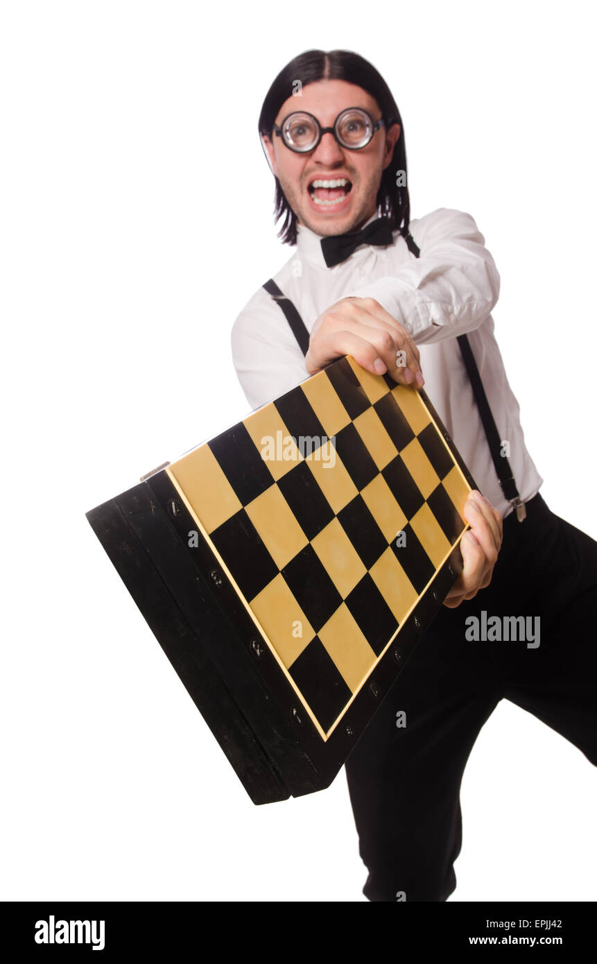 Nerd chess player isolated on white Stock Photo - Alamy