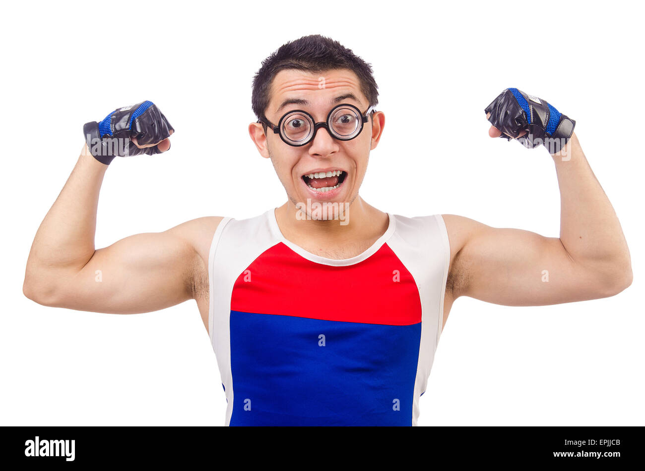 Funny man exercising on white Stock Photo - Alamy