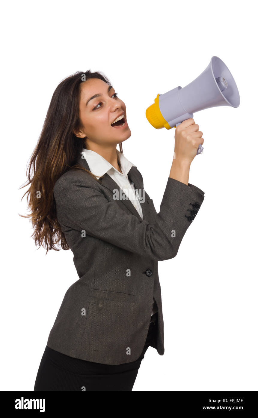 Woman with loudspeaker on white Stock Photo - Alamy