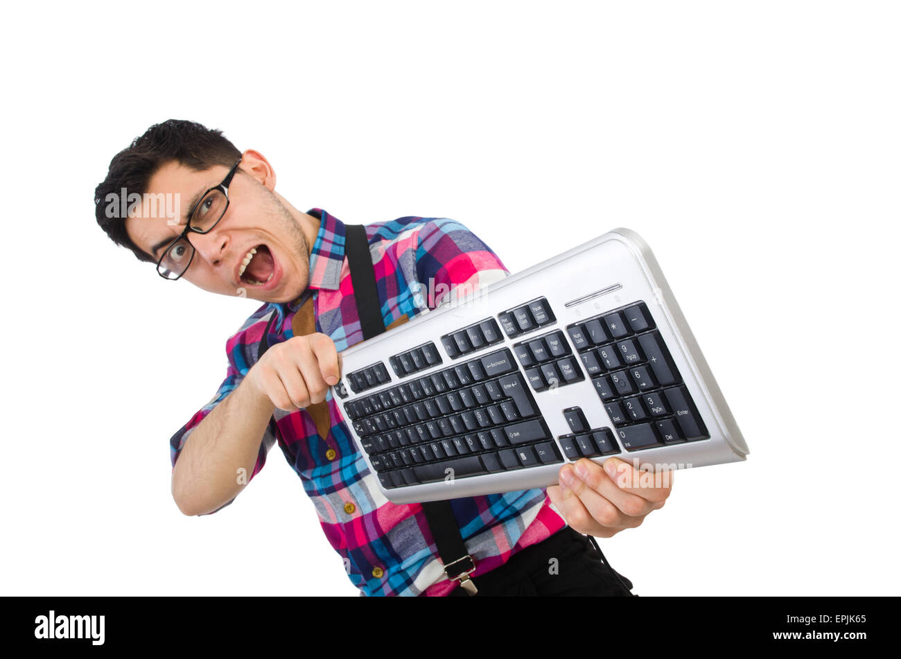 Computer nerd with keyboard isolated on white Stock Photo - Alamy