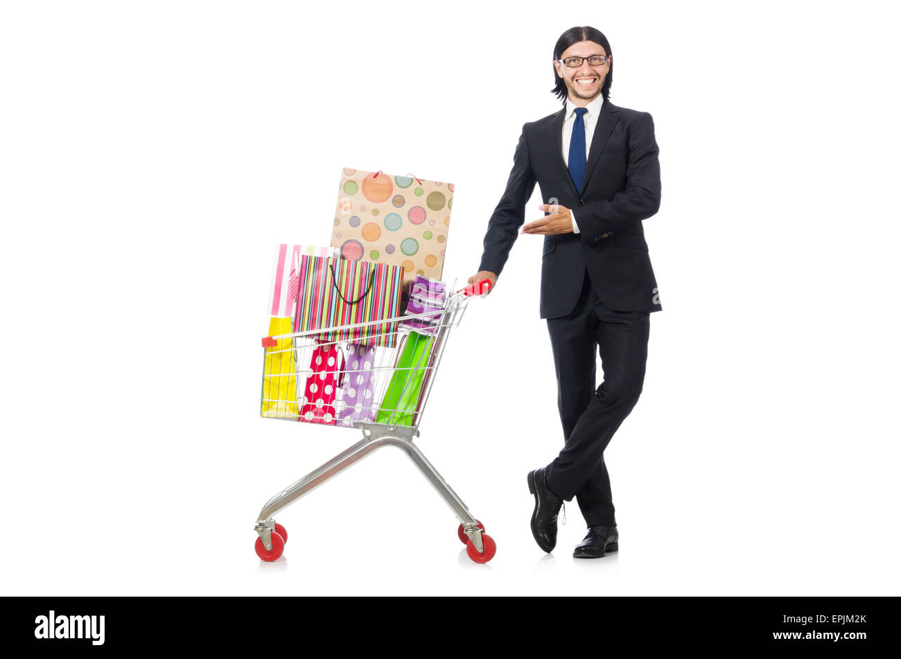 Man shopping with supermarket basket cart isolated on white Stock Photo ...