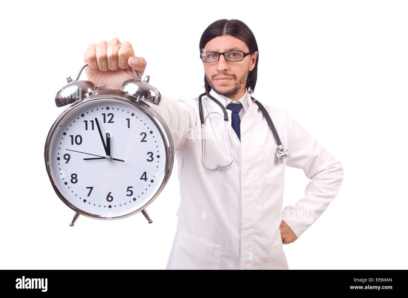 Man doctor with clock isolated on white Stock Photo - Alamy