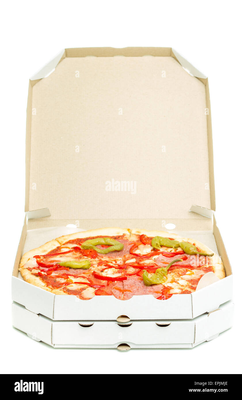 Open box with pizza isolated on white background. Fast food delivery ...