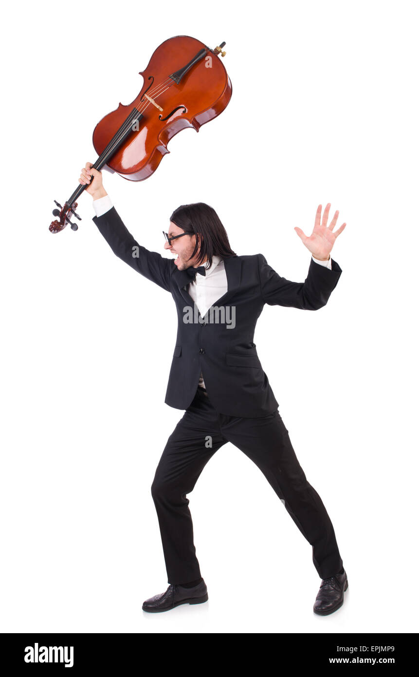 Funny man with music instrument on white Stock Photo - Alamy