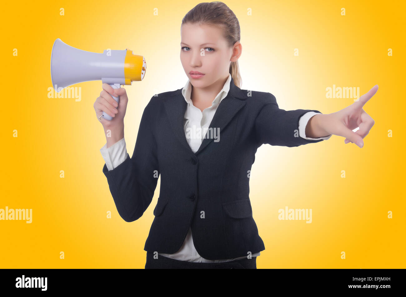Woman with loudspeaker on white Stock Photo - Alamy