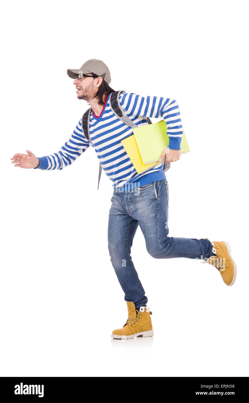 Student rushing to the lesson isolated on white Stock Photo - Alamy