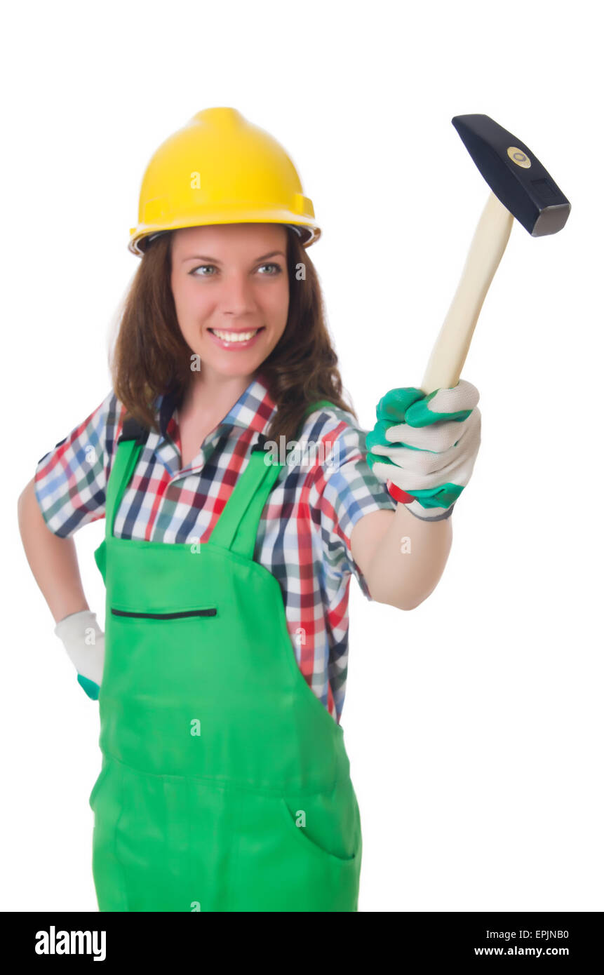 Young woman with hammer on white Stock Photo - Alamy