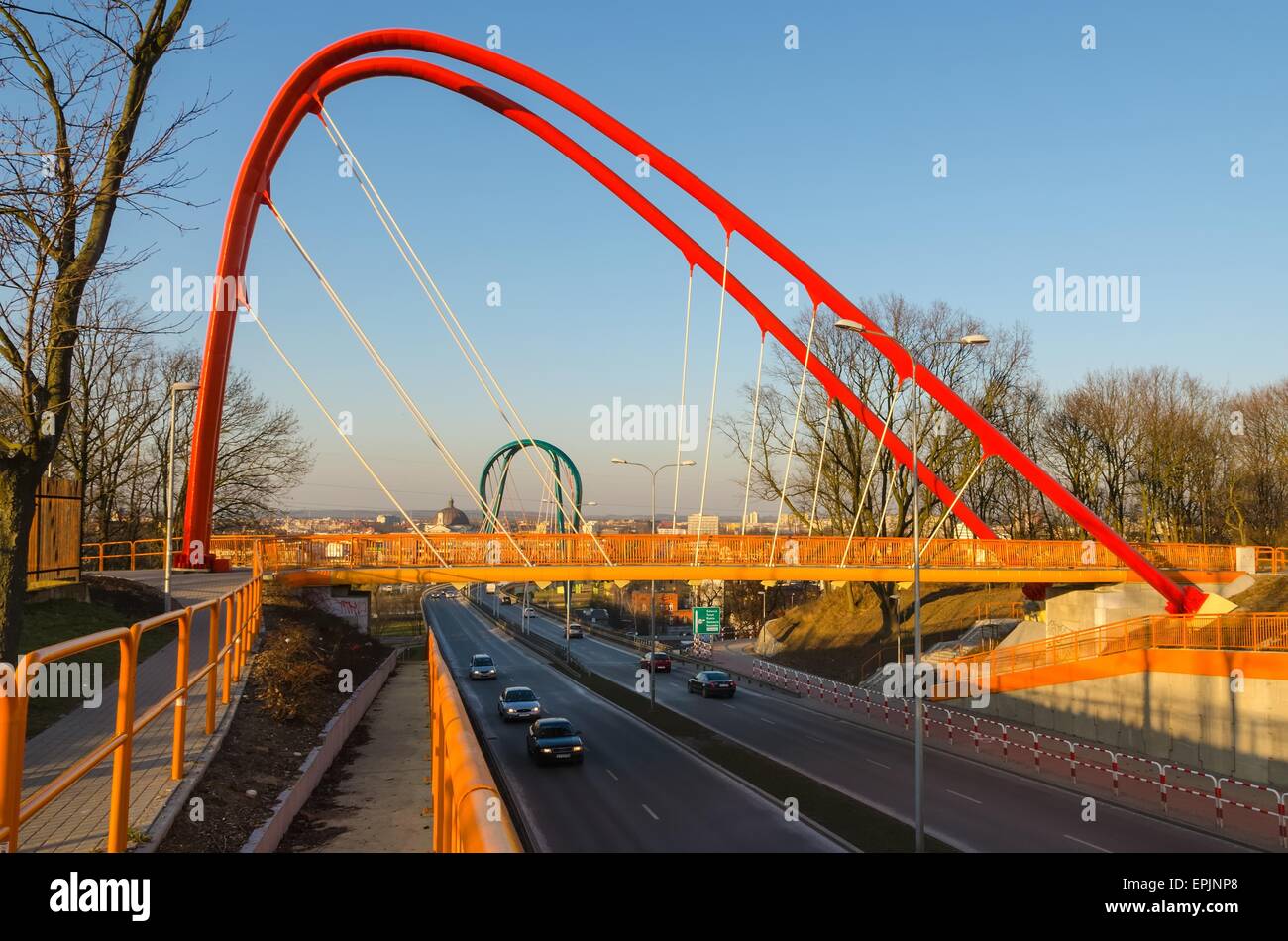 Footbridge across the road. Bridge for pedestrian over highway in ...