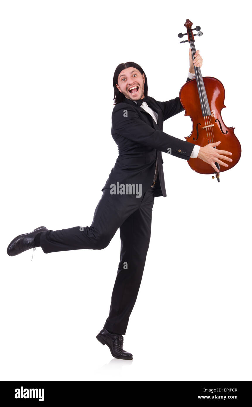 Funny man with music instrument on white Stock Photo - Alamy