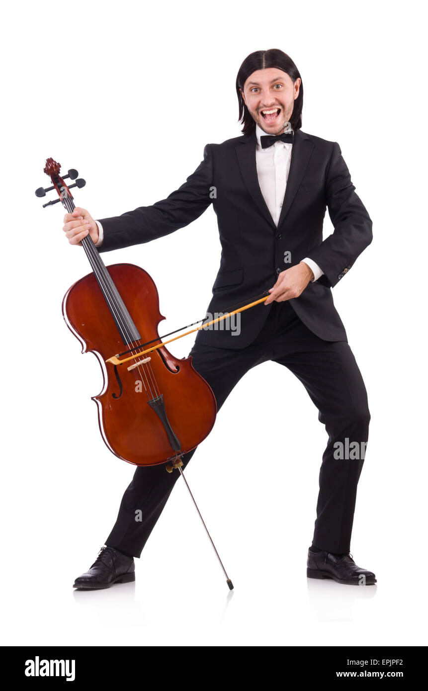 Funny man with music instrument on white Stock Photo - Alamy
