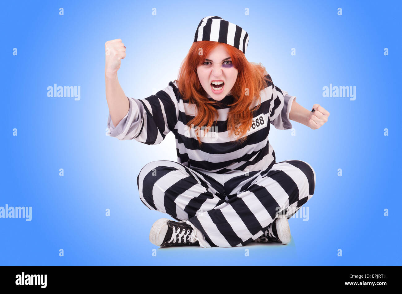 Prisoner in striped uniform on white Stock Photo - Alamy
