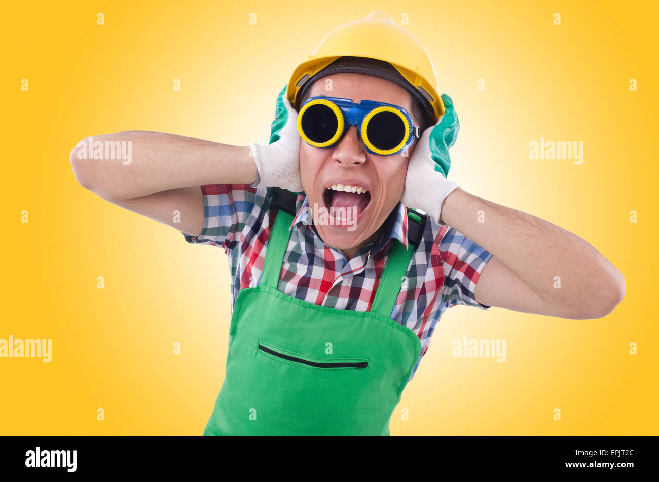 Funny construction worker isolated on white Stock Photo - Alamy