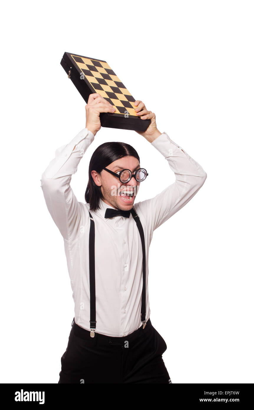 Nerd chess player isolated on white Stock Photo - Alamy