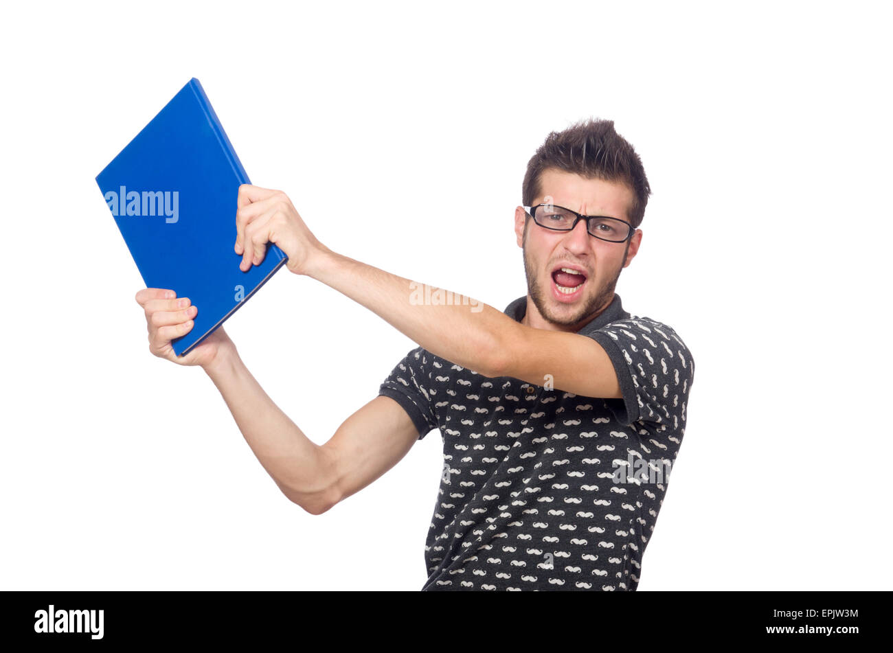 Angry student with books isolated on white Stock Photo - Alamy