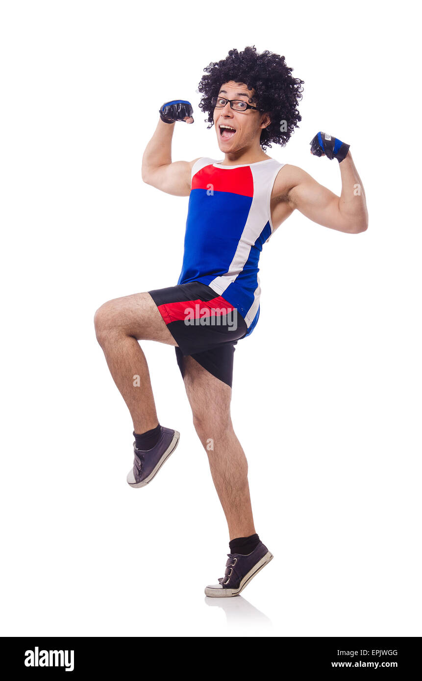 Funny man exercising isolated on white Stock Photo - Alamy
