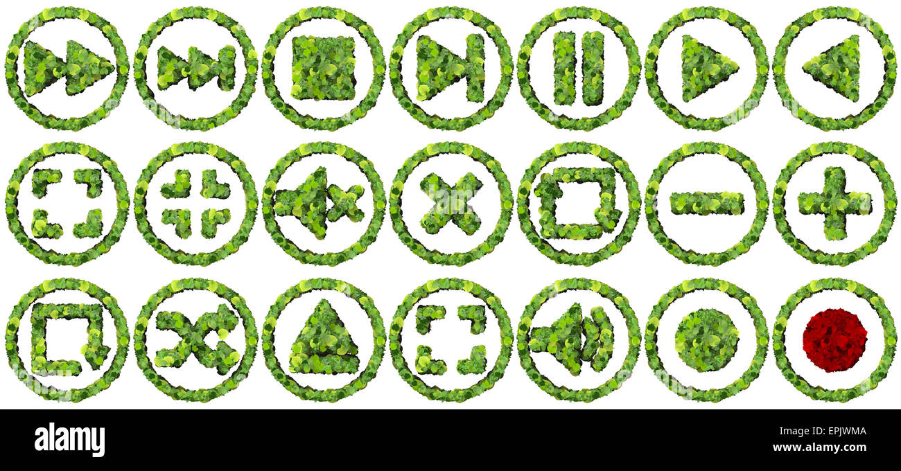 Media controls made from green leaves isolated on white background. 3D ...