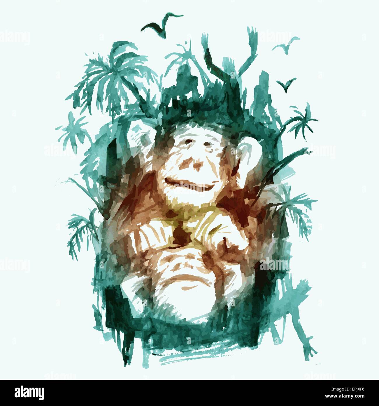 Vector Watercolor Monkeys in the Jungle Stock Vector Image & Art - Alamy