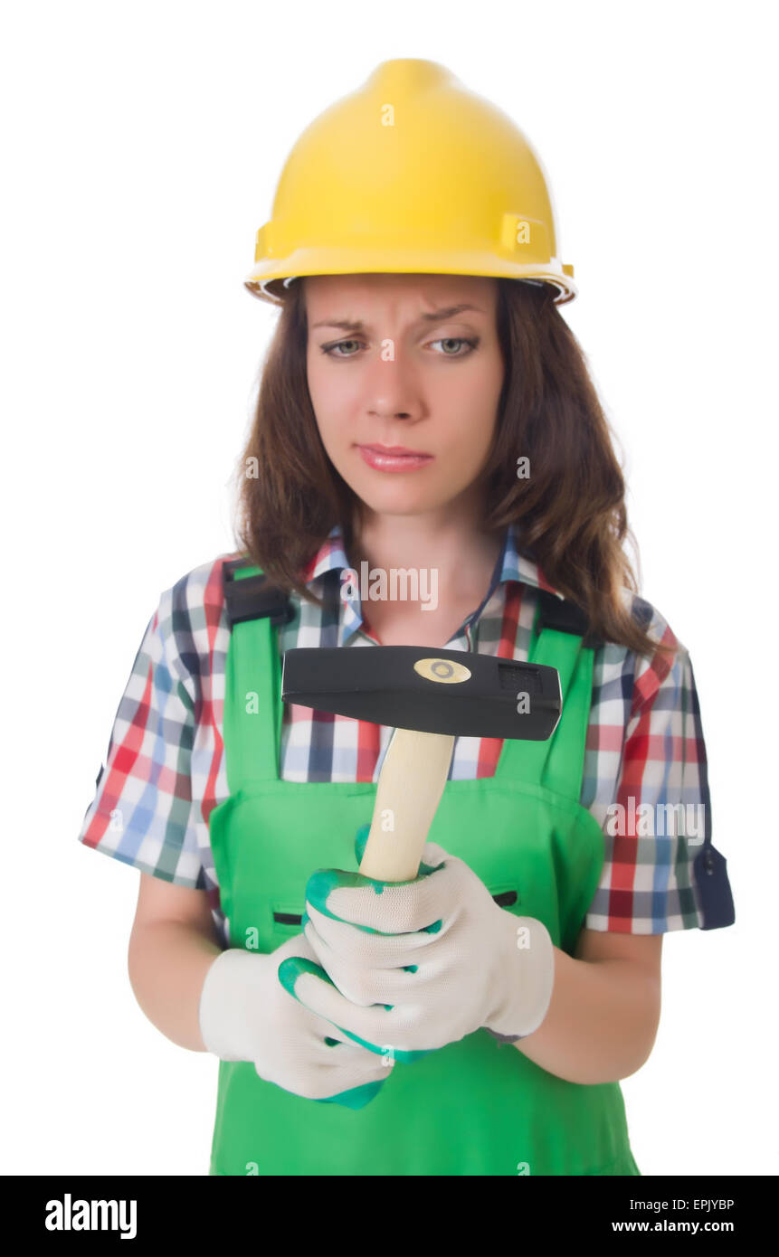 Young woman with hammer on white Stock Photo - Alamy