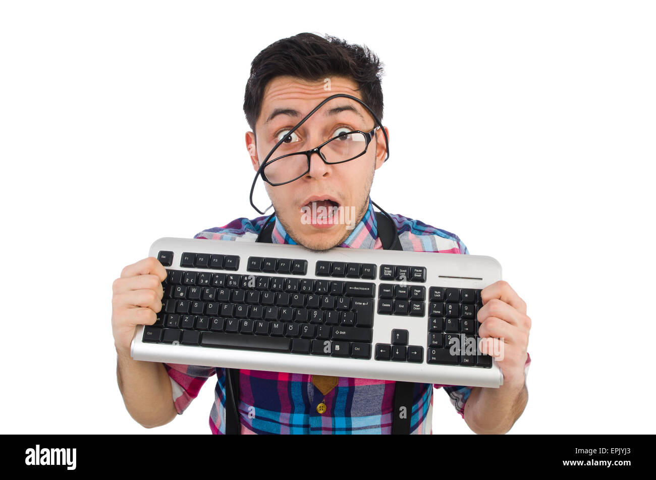Computer nerd with keyboard isolated on white Stock Photo - Alamy