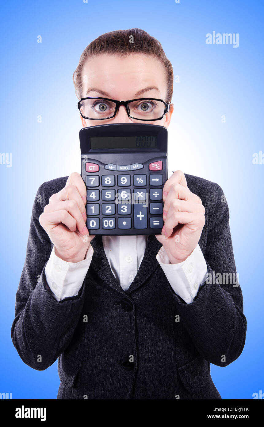 Funny accountant with calculator on white Stock Photo - Alamy