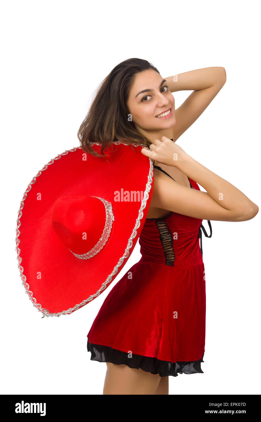 Woman wearing red sombrero isolated on white Stock Photo - Alamy