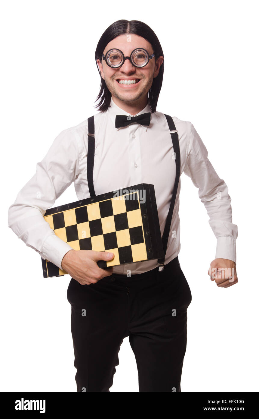 Nerd chess player isolated on white Stock Photo - Alamy