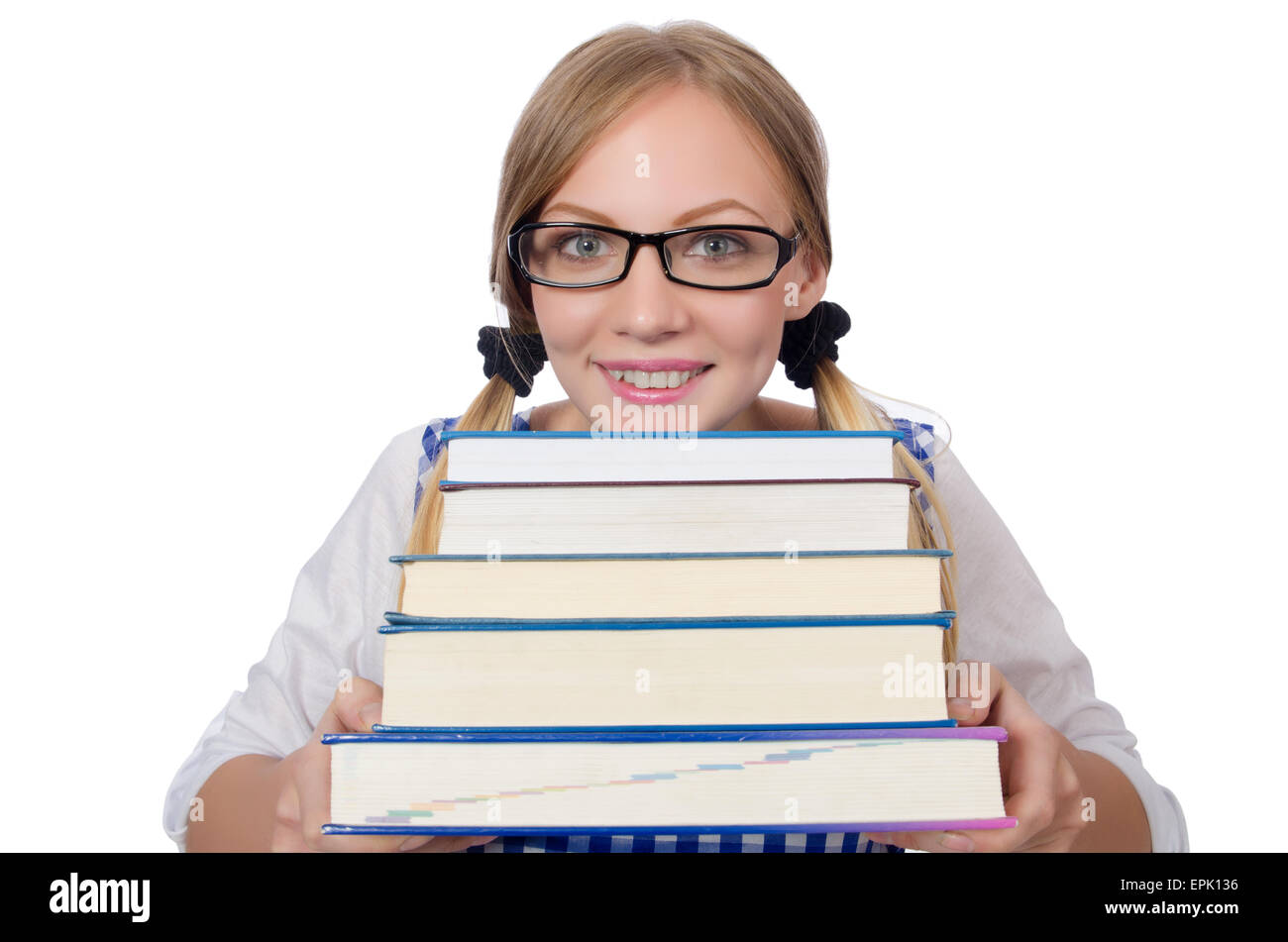 Funny student with stack of books Stock Photo - Alamy