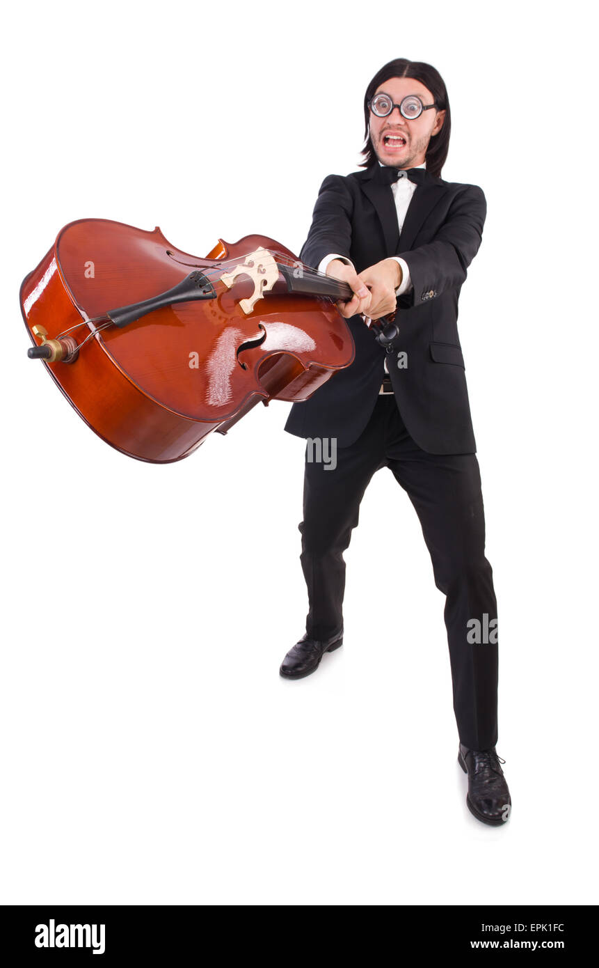 Funny man with music instrument on white Stock Photo - Alamy