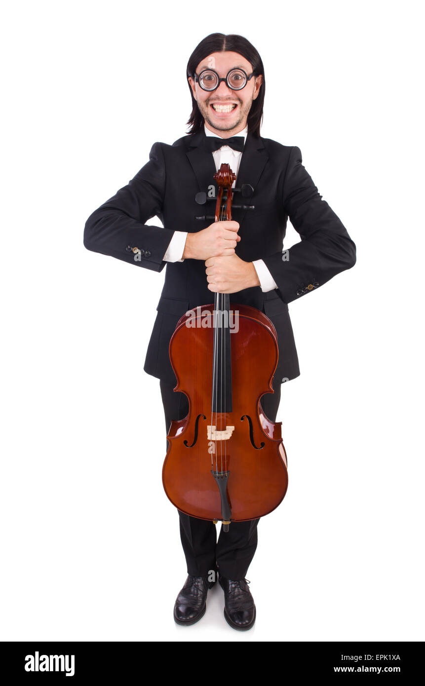 Funny man with music instrument on white Stock Photo - Alamy