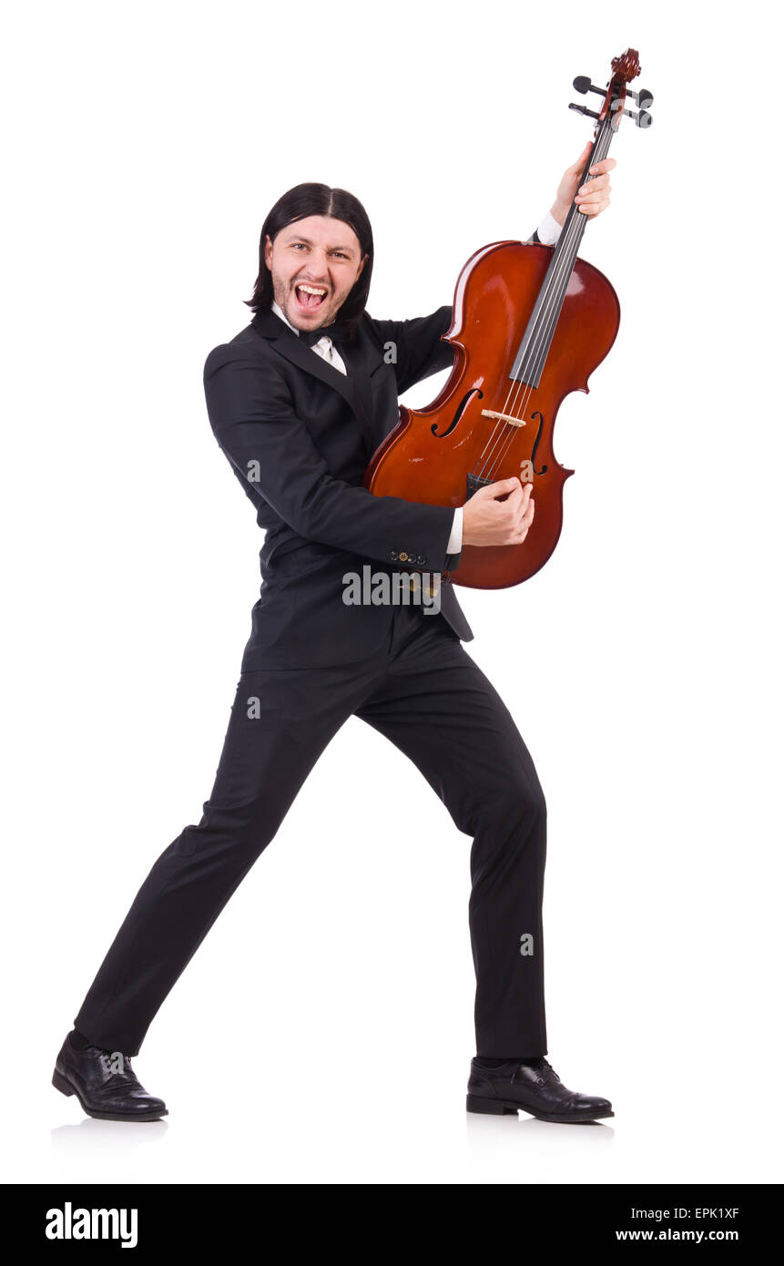 Funny man with music instrument on white Stock Photo - Alamy