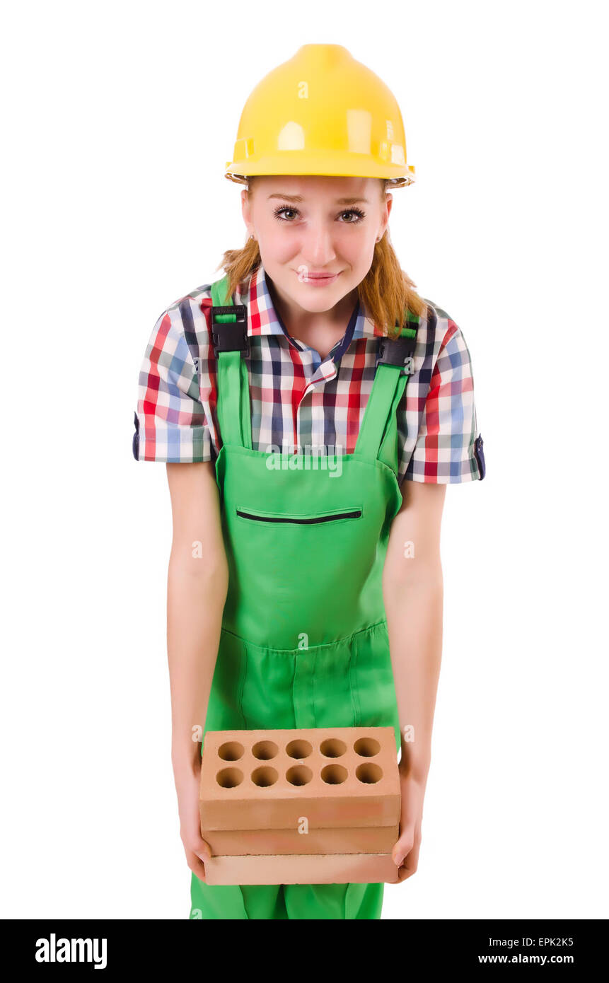 Woman with bricks isolated on white Stock Photo - Alamy