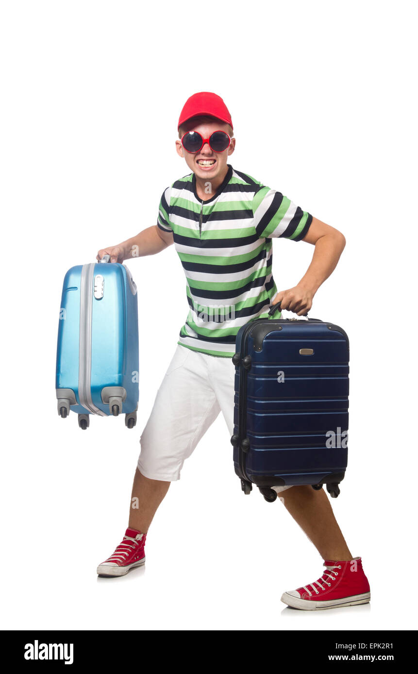 Funny man with suitcase isolated on white Stock Photo - Alamy