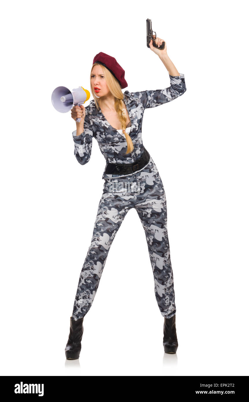 Woman soldier with gun and loudspeaker isolated on white Stock Photo ...