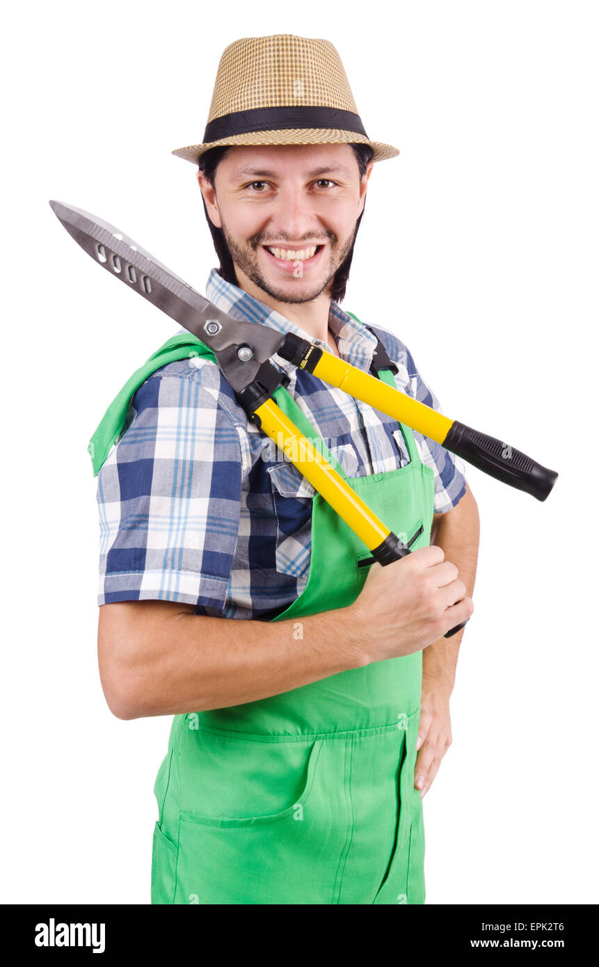 Funny gardener with shears isolated on white Stock Photo - Alamy