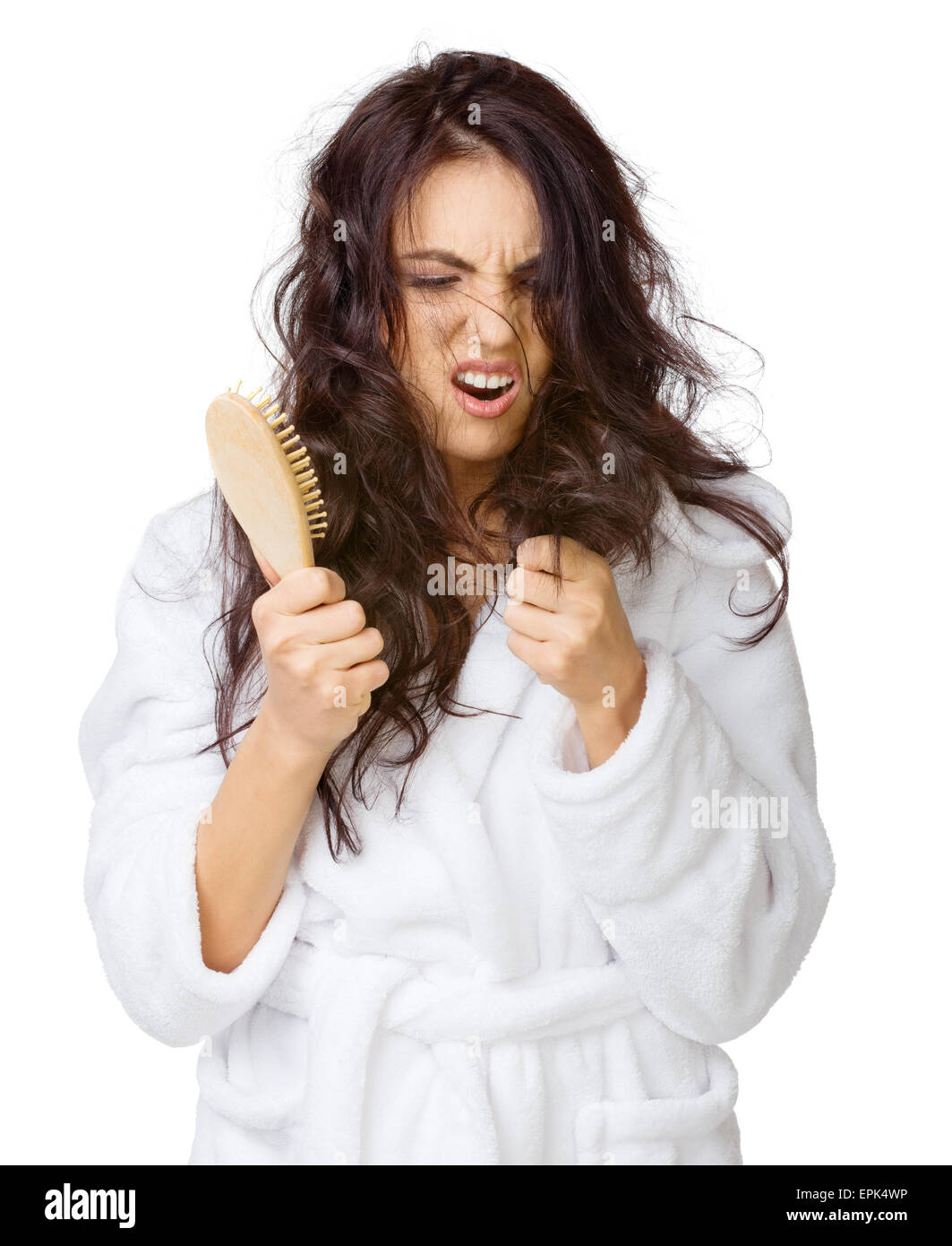 Displeased girl with tangled hair isolated Stock Photo - Alamy