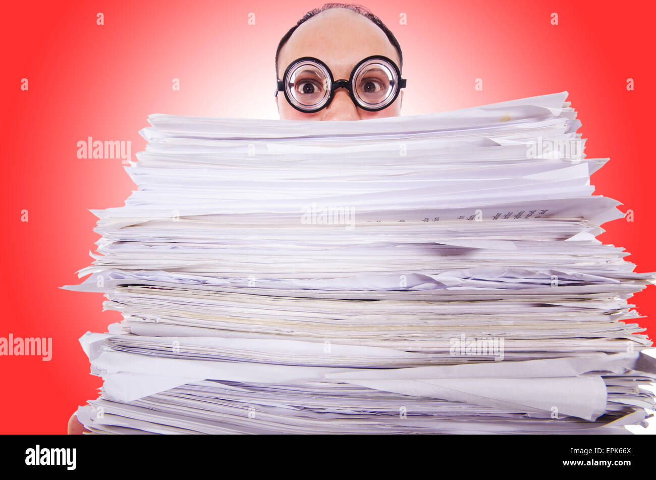 Funny man with lots of folders on white Stock Photo - Alamy