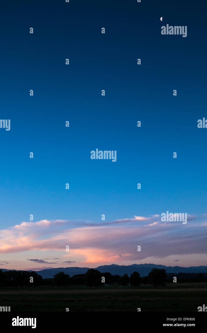 Half moon high in the dusk sky above the countryside near Martinborough ...
