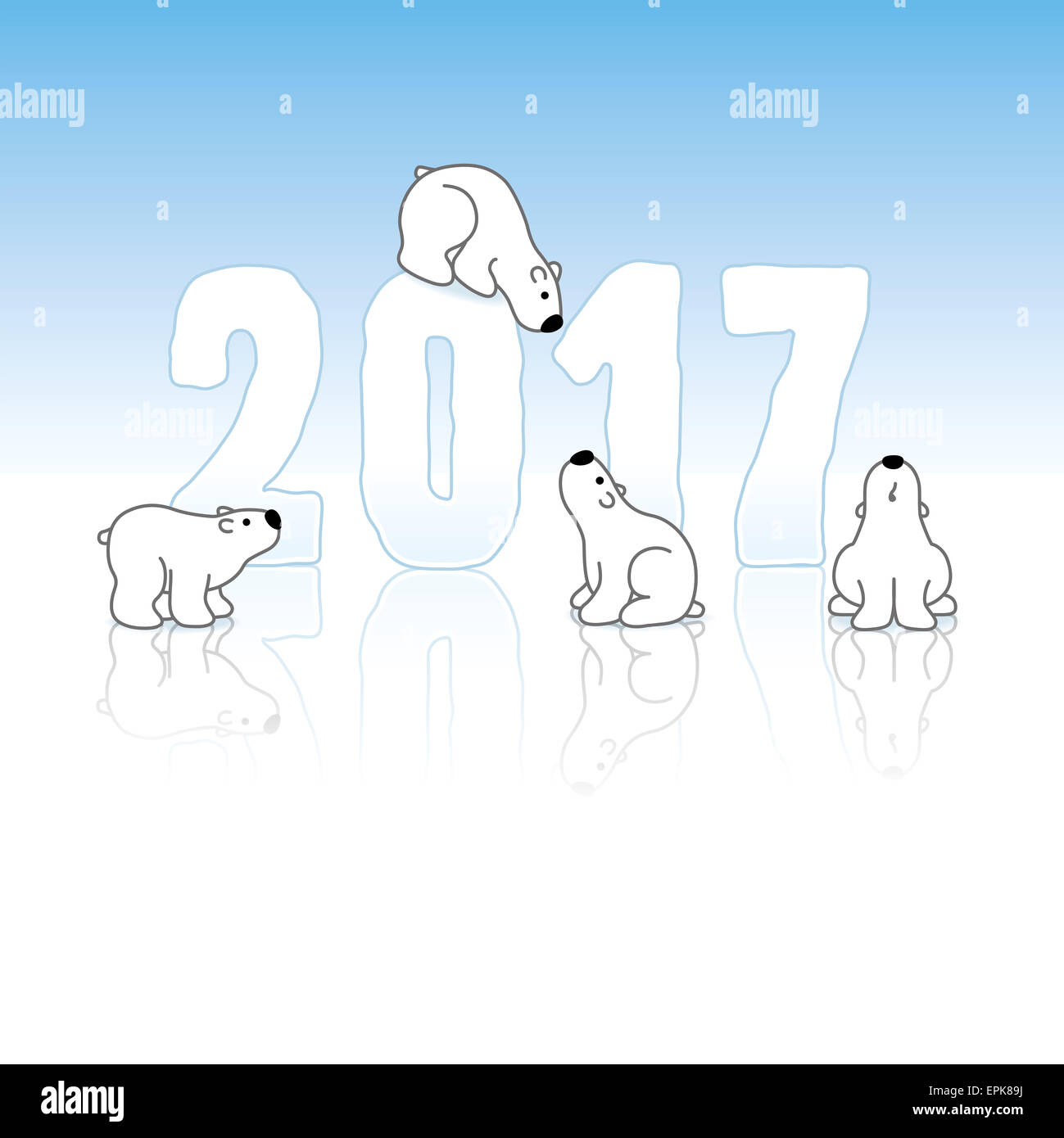Four Cute Polar Bears and New Year 2017 with Reflections on an Ice Blue ...