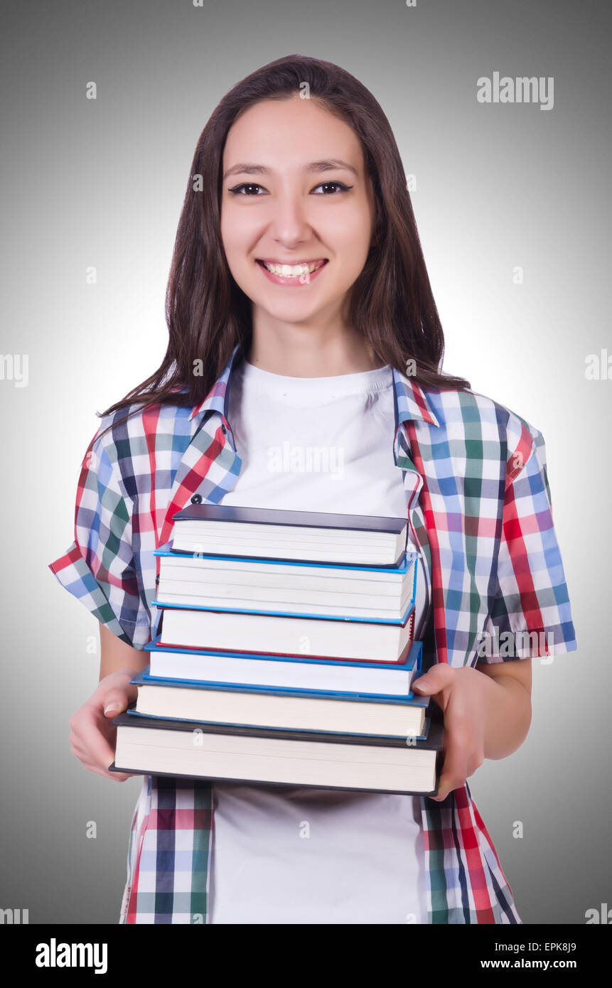Student girl with many books on white Stock Photo - Alamy