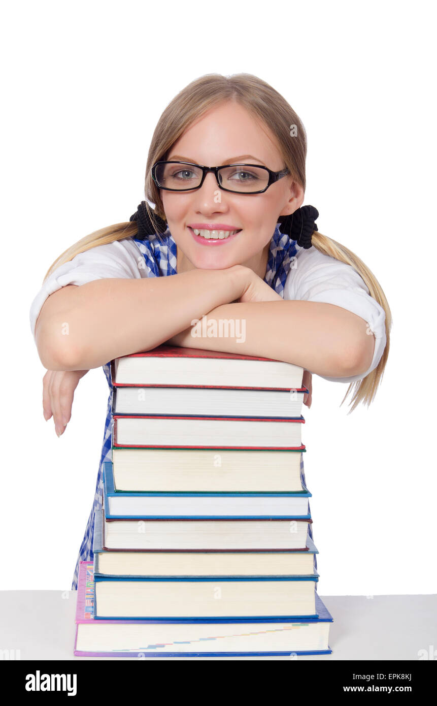 Funny student with stack of books Stock Photo - Alamy