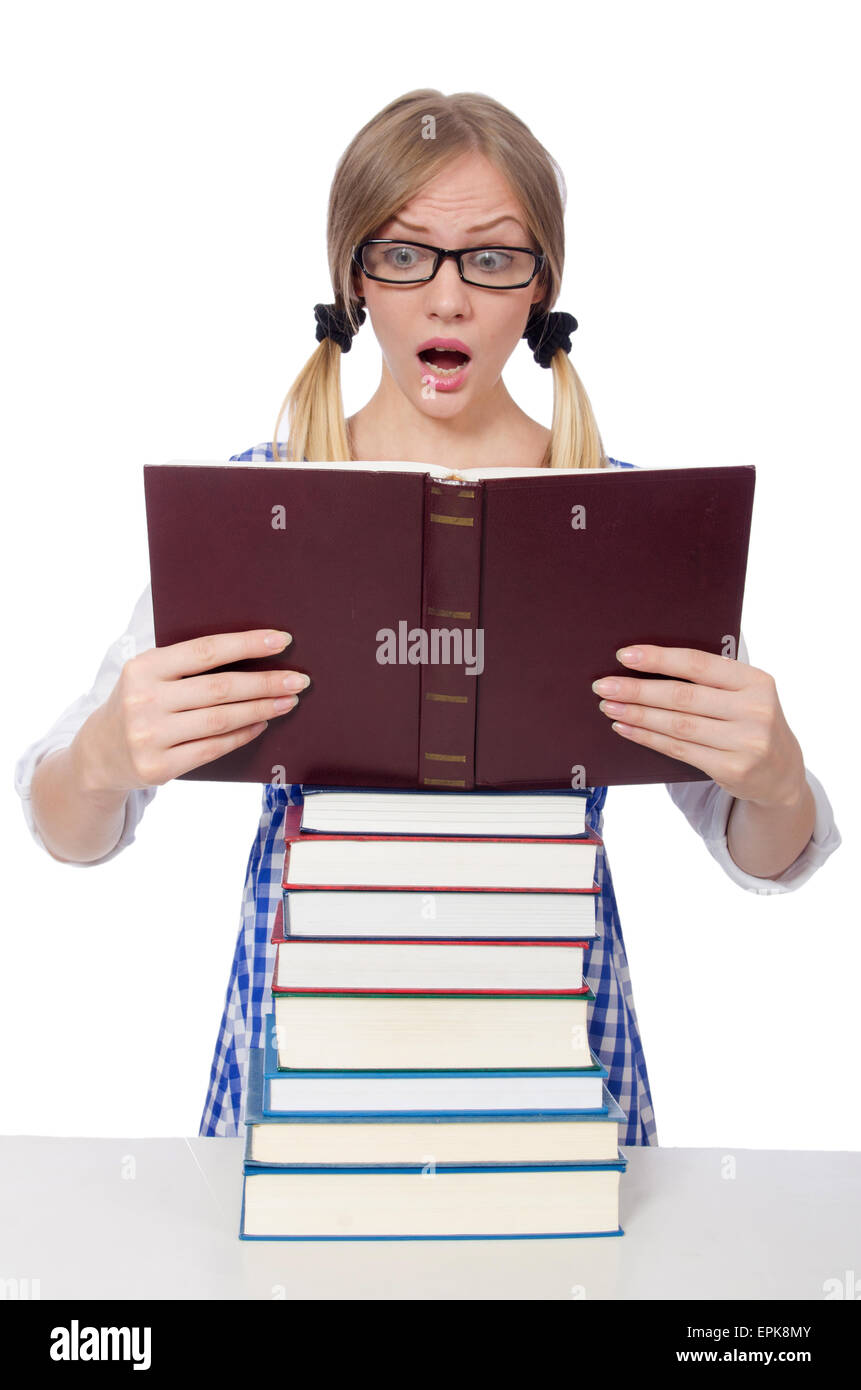 Funny student with stack of books Stock Photo - Alamy