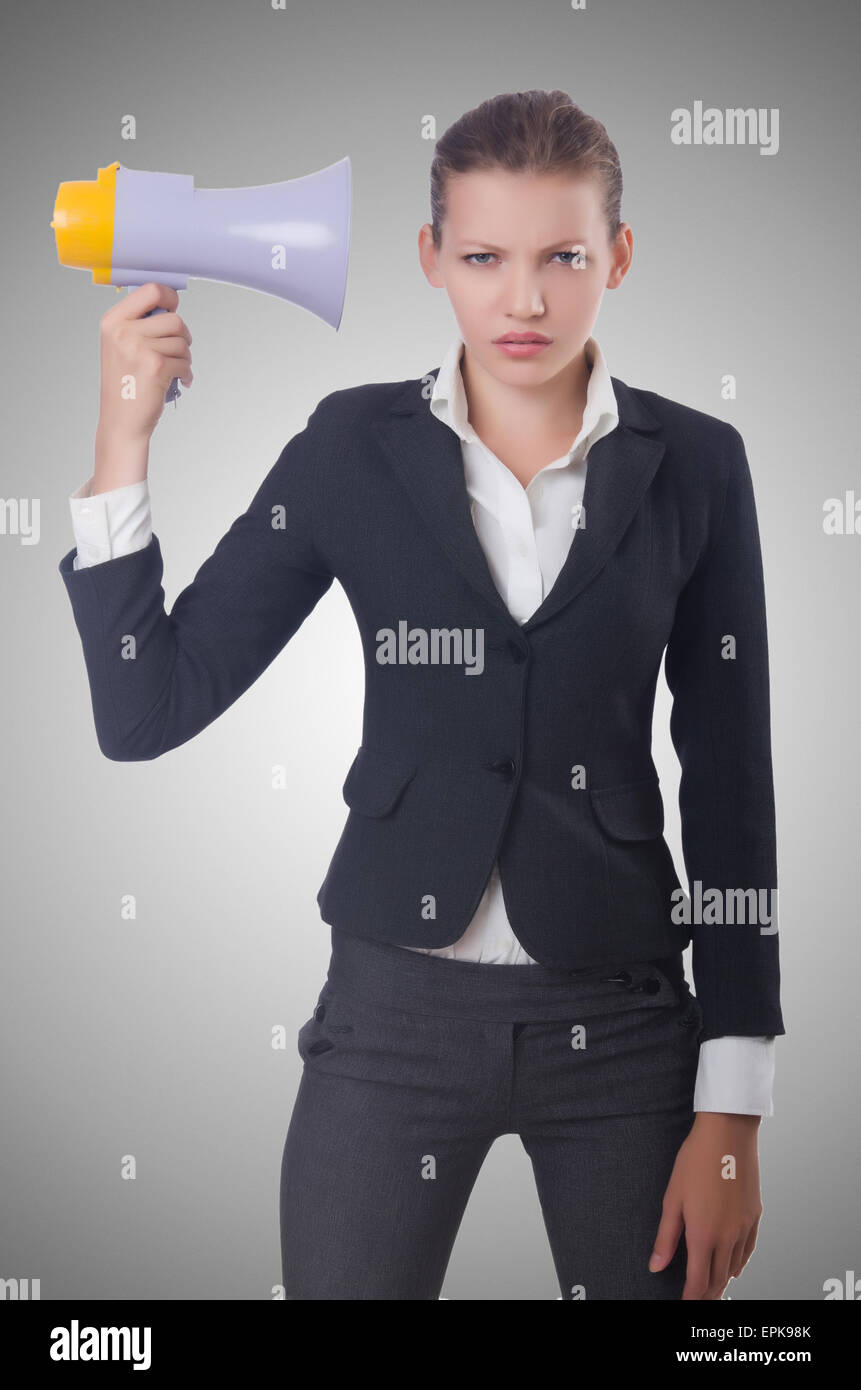 Woman with loudspeaker on white Stock Photo - Alamy