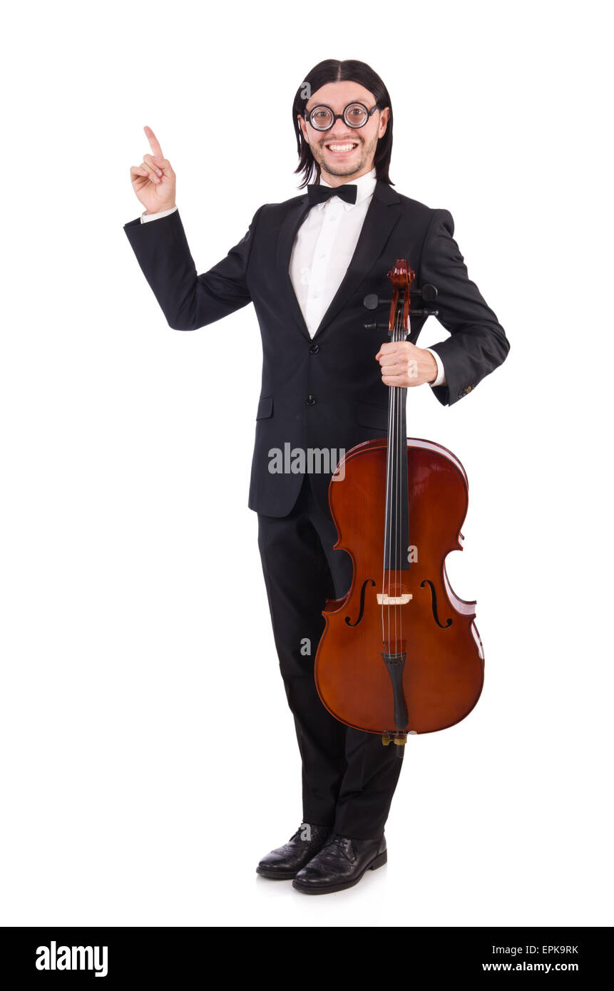 Funny man with music instrument on white Stock Photo - Alamy