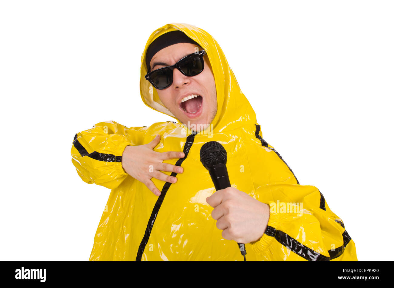 Funny performer with mic isolated on the white Stock Photo - Alamy