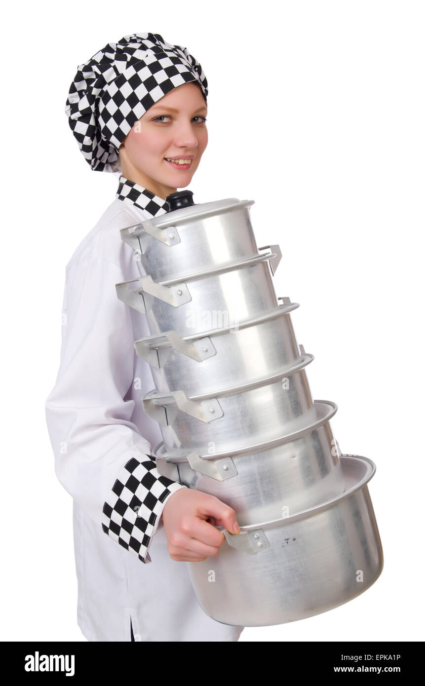 Cook with stack of pots on white Stock Photo - Alamy